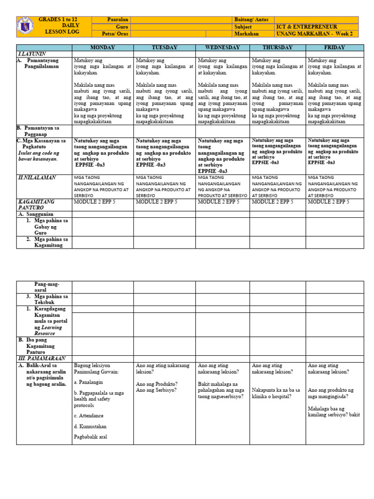 DLL - g5 Epp Entrep Ict - Week 2 | PDF