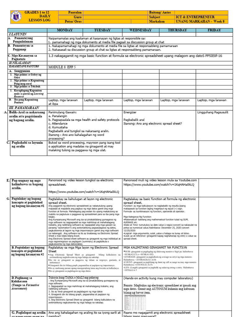 DLL - g5 Epp Entrep Ict - Week 8 | PDF