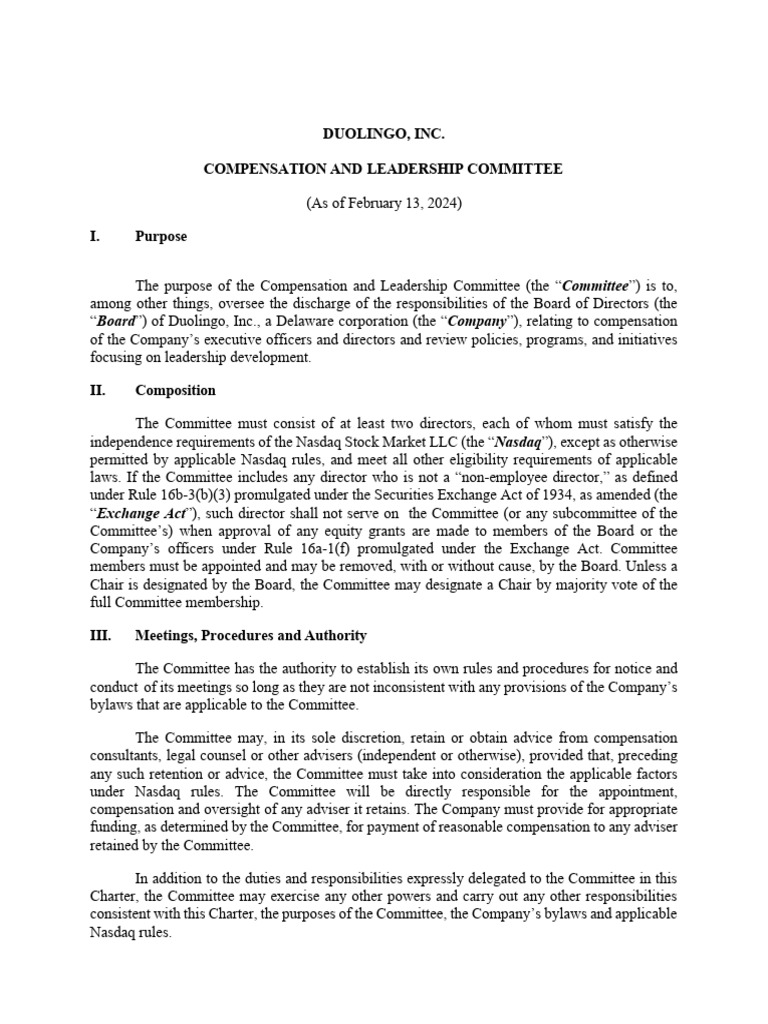 Duolingo Compensation and Leadership Committee Charter As of February ...