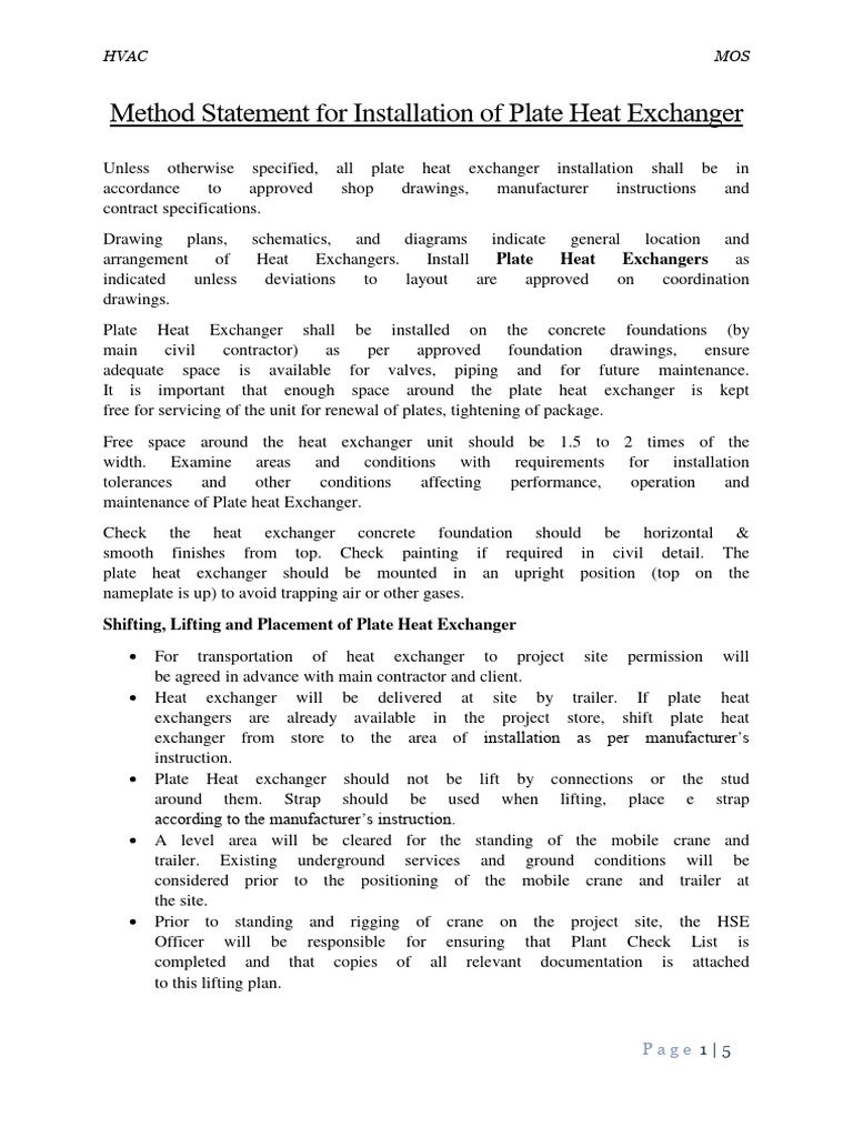 Method-Statement-for-Installation-of-Plate-Heat-Exchanger | PDF | Heat ...