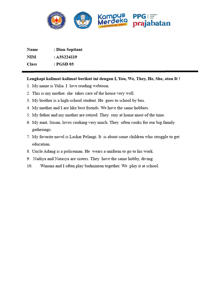 Lengkapi Kalimat, Worksheet 1.10 | PDF