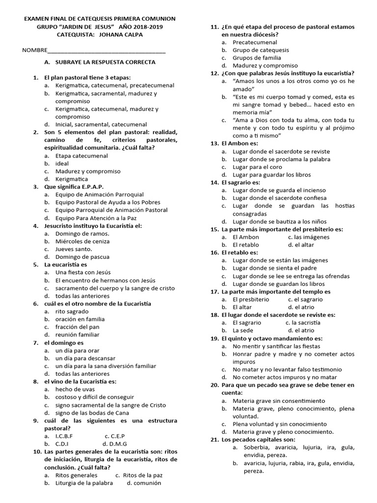 Examen Final de Catequesis Primera Comunion 2019 | PDF | eucaristía | Prestado