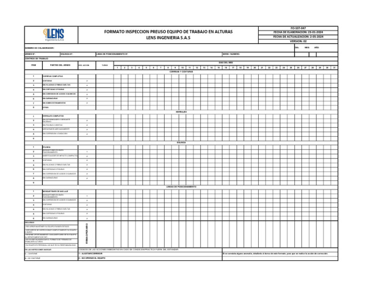 Fo-Sst-047 Inspeccion de Preuso de Equipo de Alturas | PDF