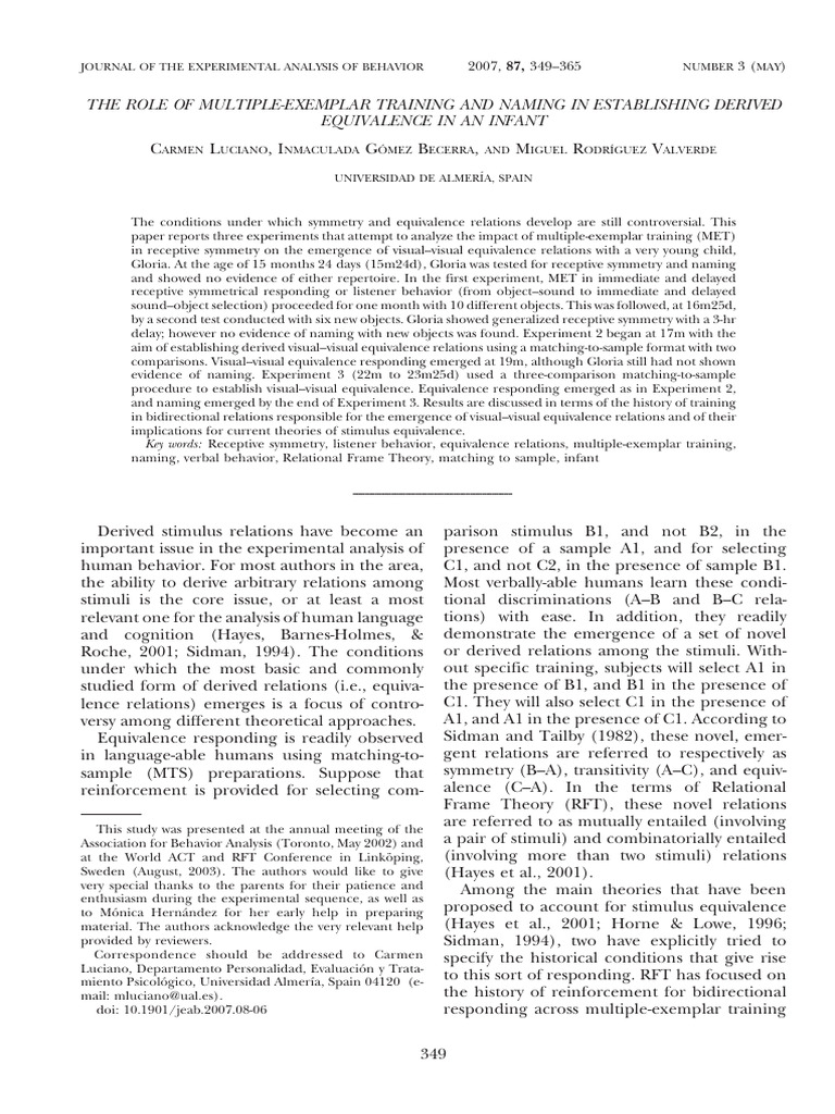 2007-The Role of Met and Naming in Establishing Derived Equivalence in An Infant | PDF ...
