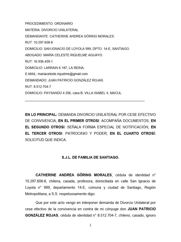 Demanda Divorcio Unilateral Catherine Goring | PDF | Divorcio | Matrimonio