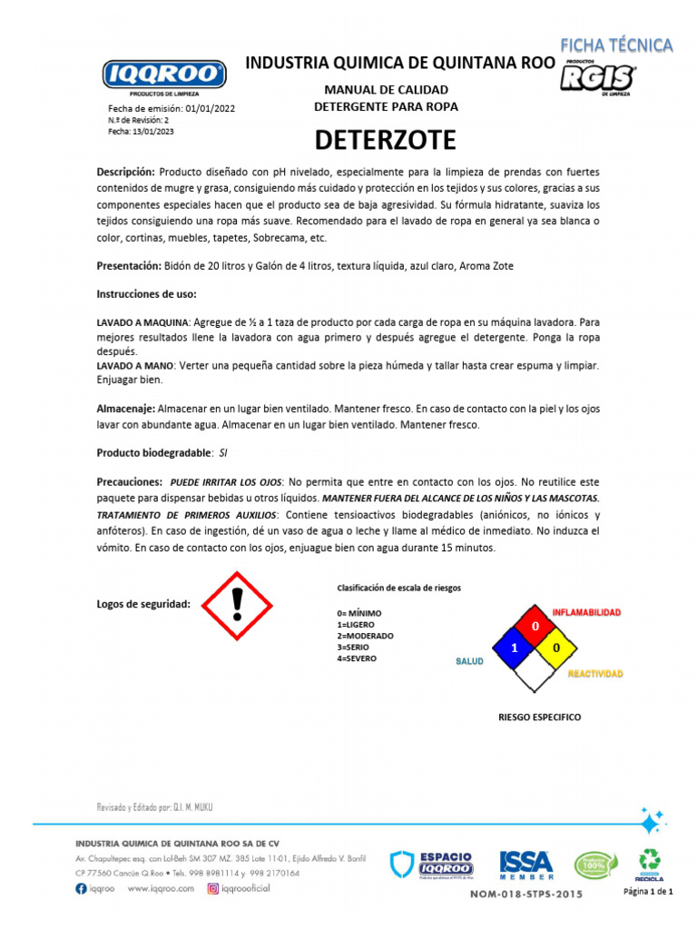 Ficha Técnica Detergente Ropa | PDF | Agua | Detergente
