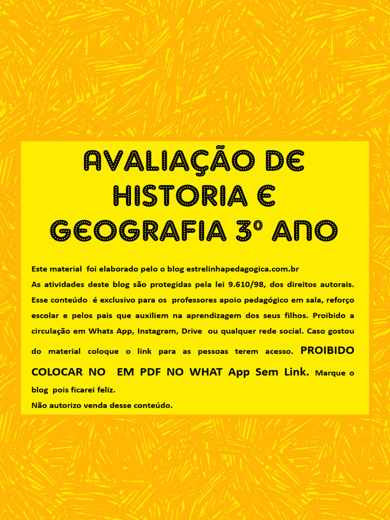 Avaliação de História e Geografia 3º Ano | PDF | Brasil | Brasileiros