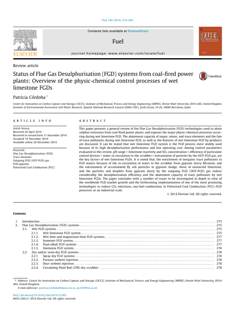Status of Flue Gas Desulphurisation (FGD) Systems From Coal-Fired Power ...
