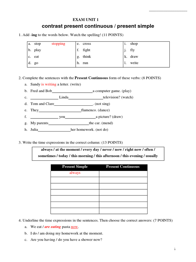 EXAM 1 Present Simple Continuous | PDF | Linguistic Morphology | Language Mechanics