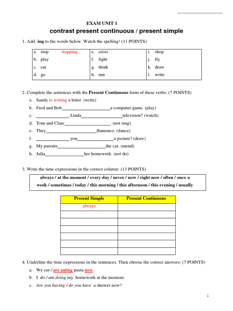 EXAM 1111 Present Simple Continuous | PDF | Syntax | Grammar