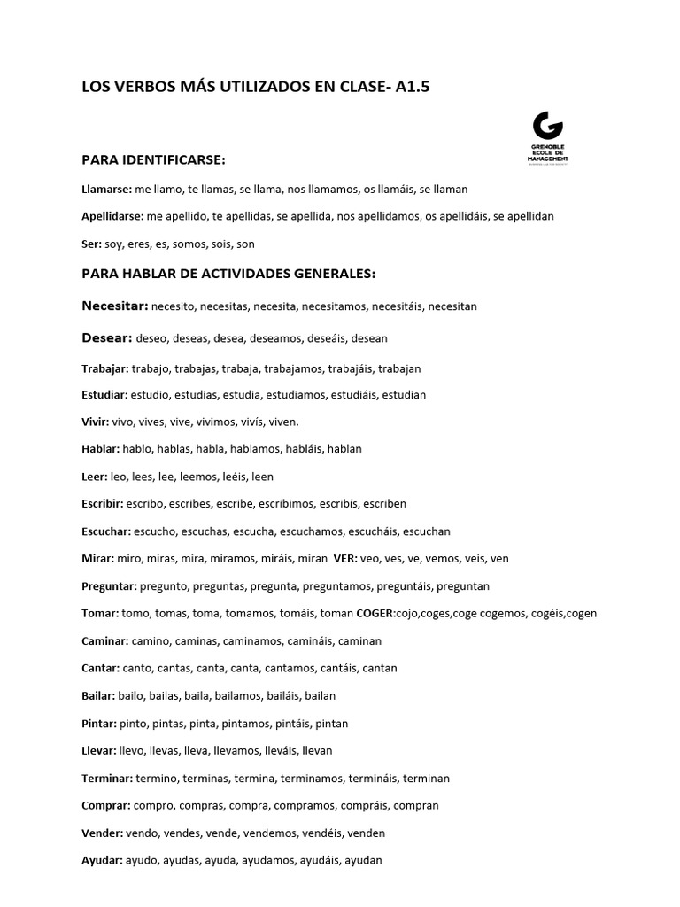 Verbos Comunes en Español A1.5 | PDF | Almuerzo | Ciencias de la Tierra