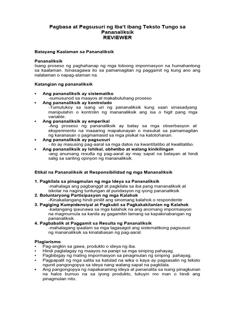 4th QRT REVIEWER Pagbasa at Pagsusuri NG Iba't Ibang Teksto Tungo Sa ...