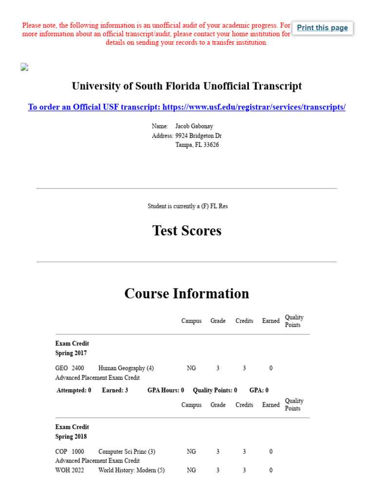 Usf University of South Florida Unofficial Transcript For Jacob Gabonay ...