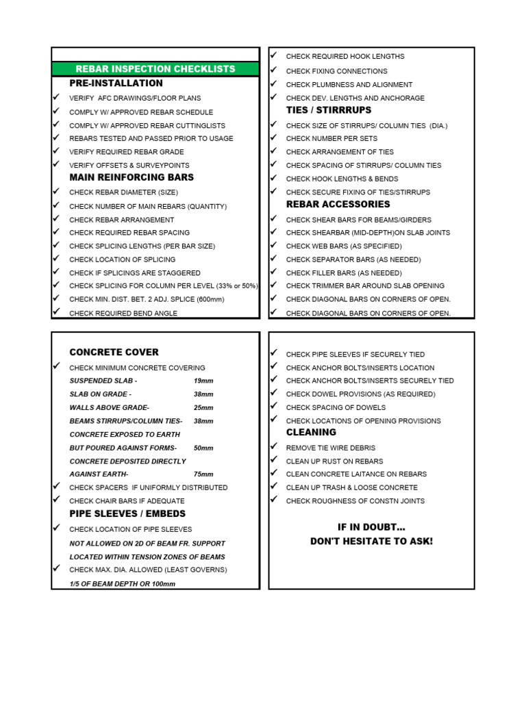 Rebar Inspection Checklist Guide | PDF | Composite Material | Building ...