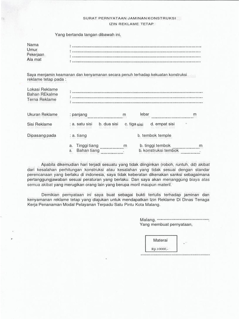 Formulir Izin Reklame Permanen Terbaru | PDF