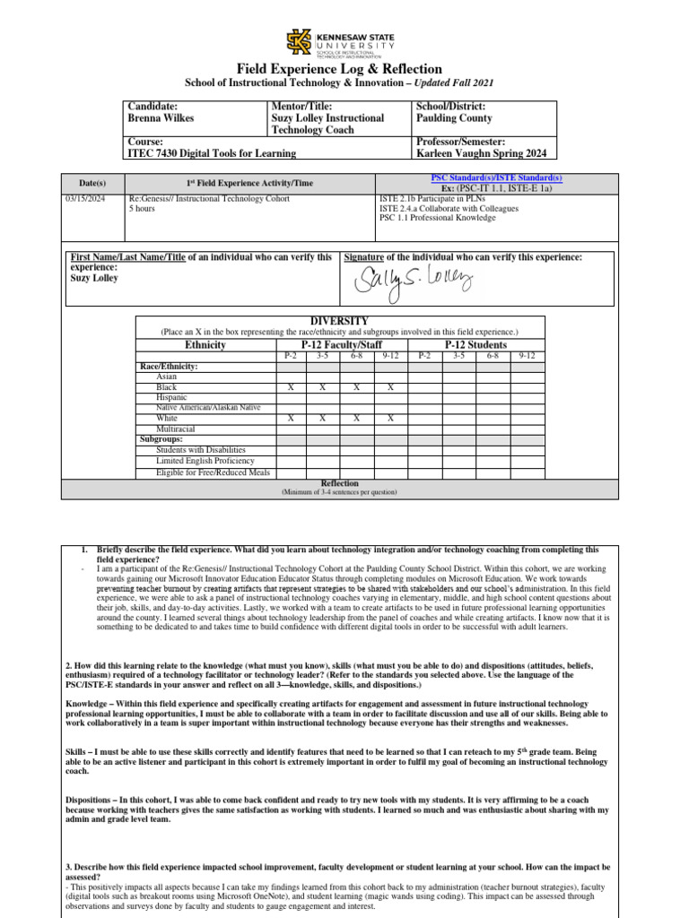 Brenna Wilkes Field Experience Log Itec 7430 | PDF | Educational Technology | Learning