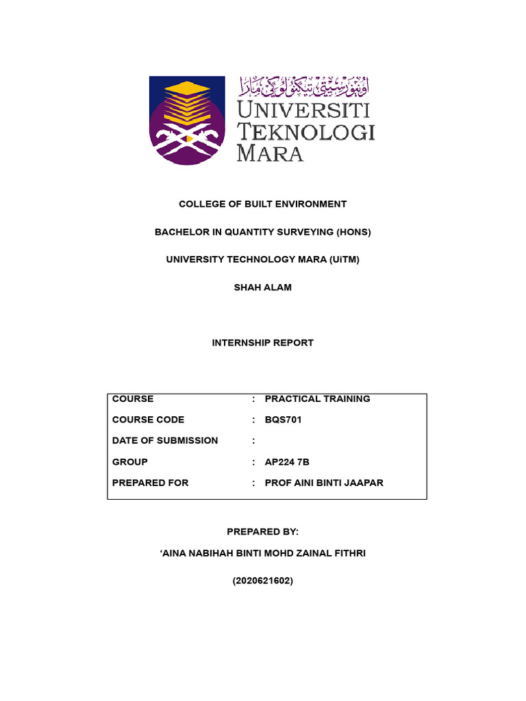 Practical Training Report Aina Nabihah Binti Mohd Zainal Fithri