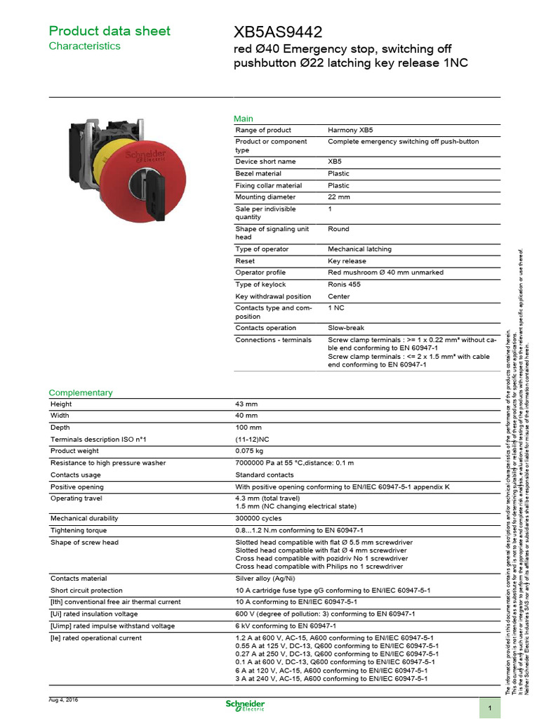 XB5AS9442: Product Data Sheet | PDF | Equipment | Manufactured Goods
