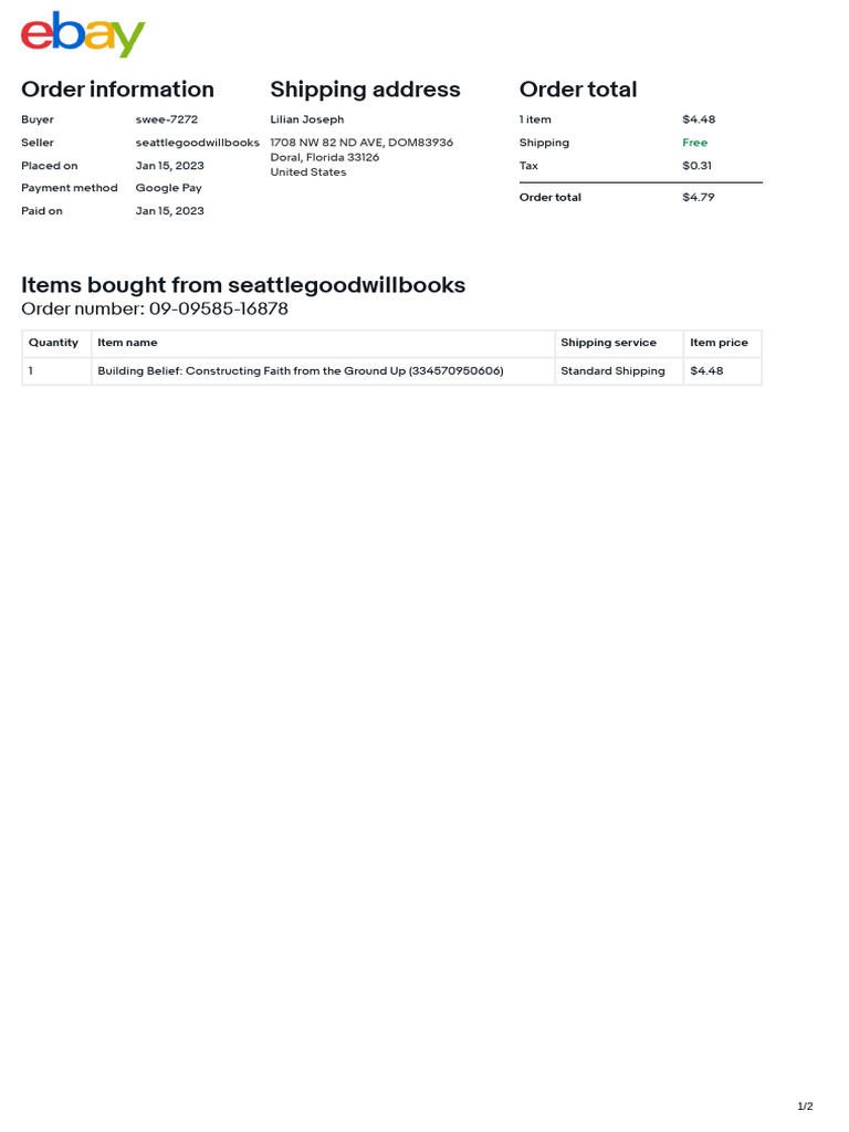 eBay Order Details for Buyer swee-7272 | PDF