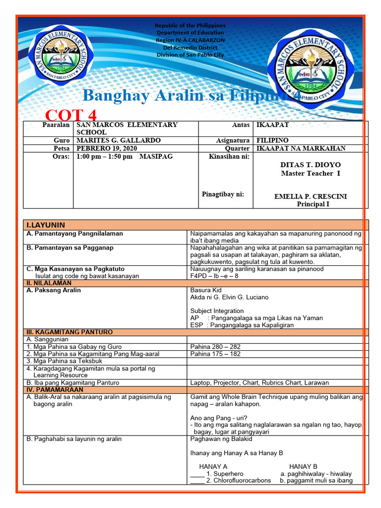 Filipino DLP For 4th Grading COT | PDF