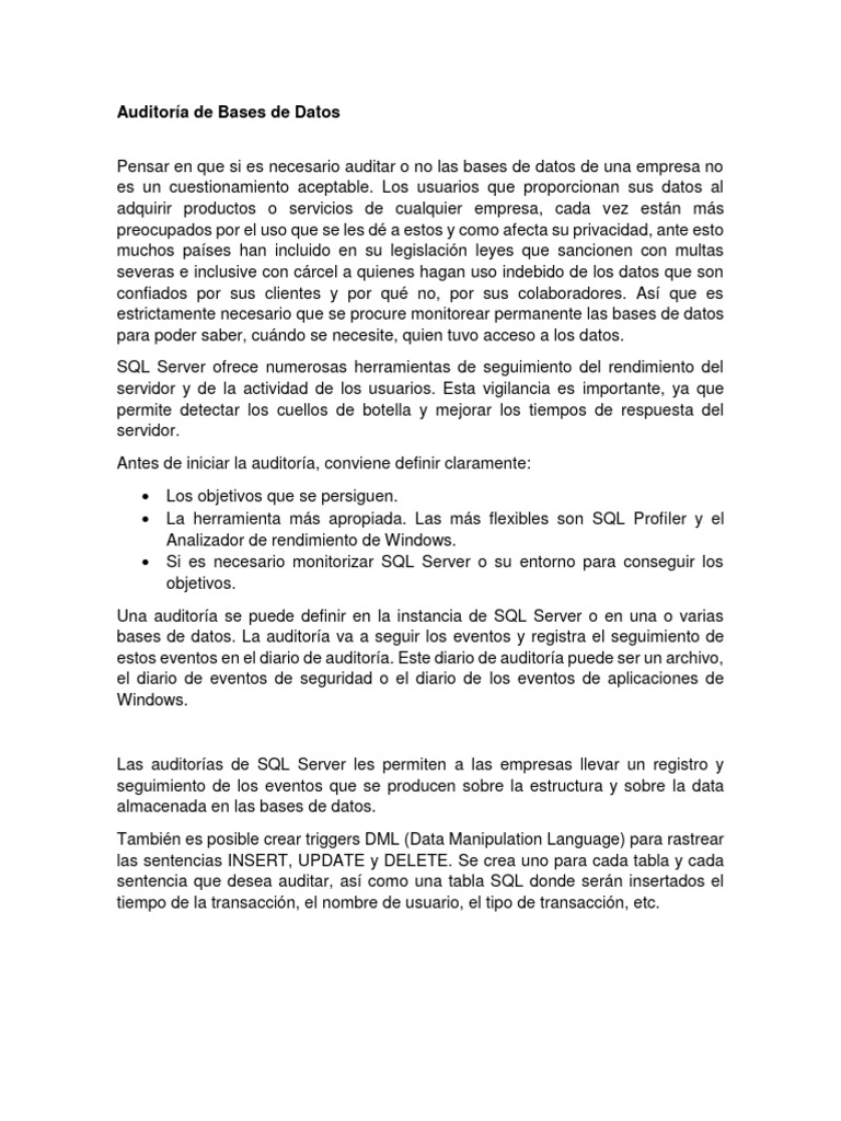 Auditoría de Bases de Datos | PDF | SQL | Servidor SQL de Microsoft