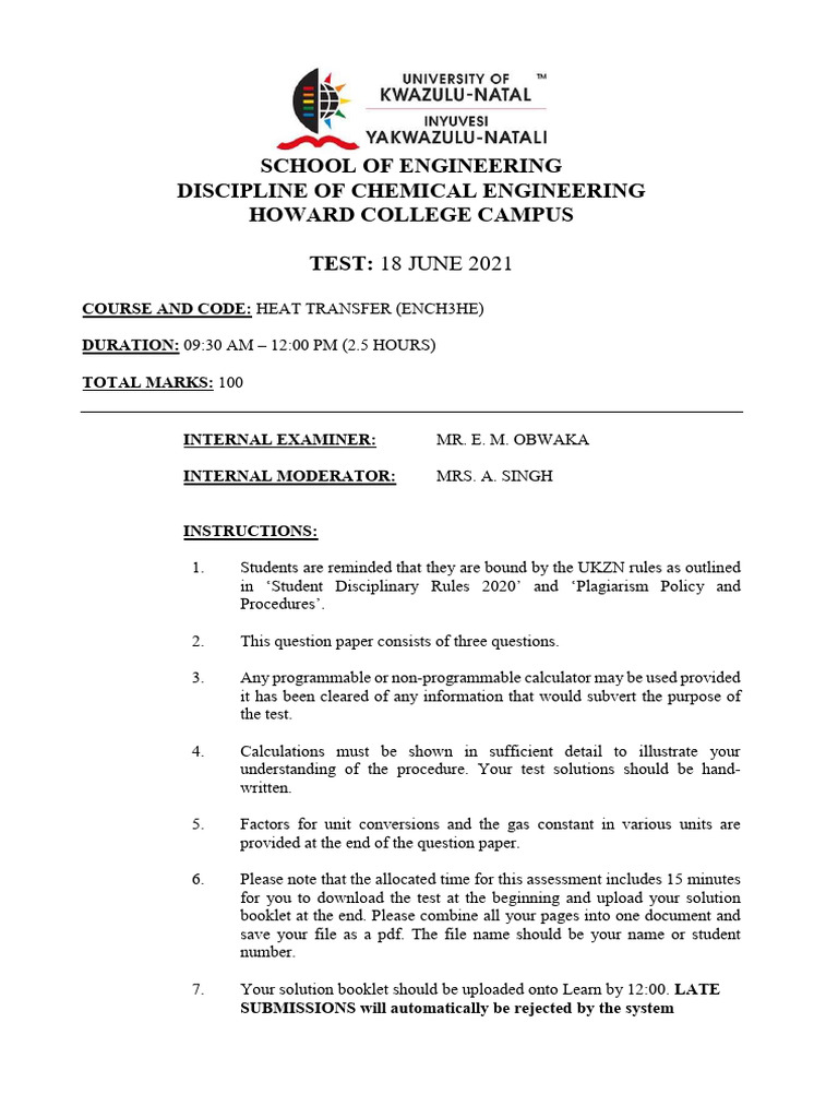 HEAT TRANSFER TEST 2021 v3 | PDF | Heat | Heat Exchanger