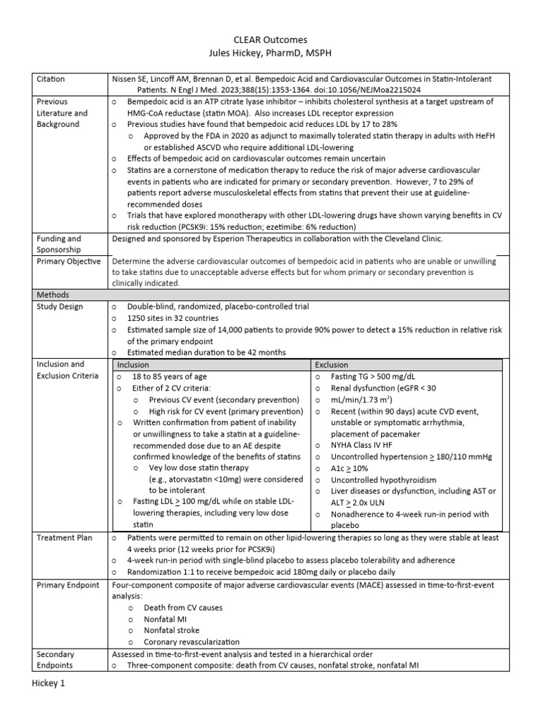 Journal Club Clear Outcomes | PDF | Statin | Drugs