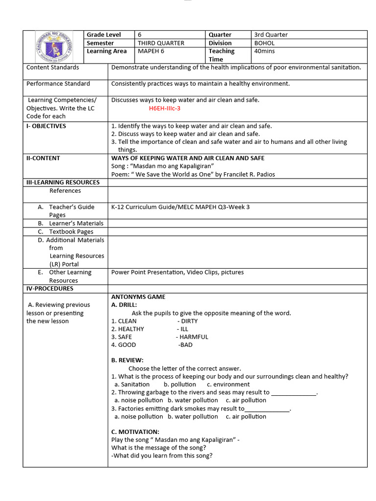 Grade 6 Environmental Health Lesson | PDF | Learning | Behavior Modification