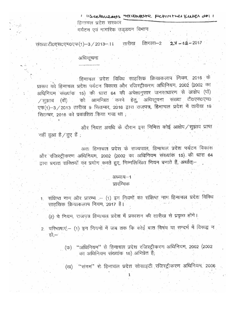 Himachal Pradesh Miscellaneous Adventure Activities Rules 2017 Min | PDF