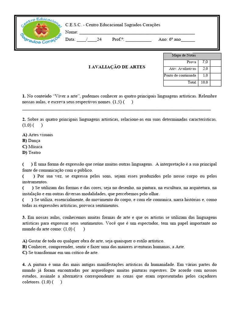 Prova Adaptada 6° Ano | PDF | Arte Rupestre | As artes