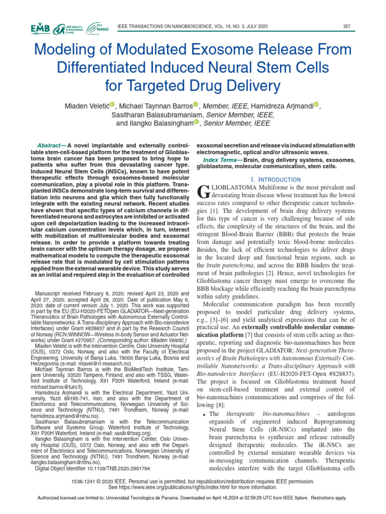 Modeling of Modulated Exosome Release From Differentiated Induced Neural Stem Cells For Targeted ...