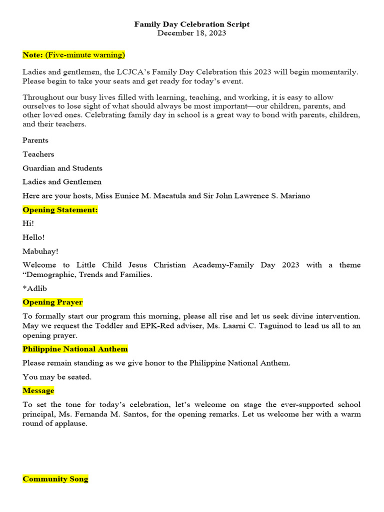 Family Day Celebration Script | PDF