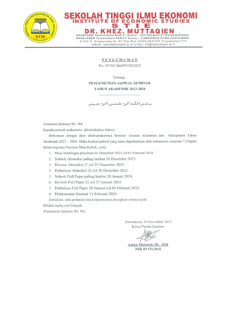 Jadwal Seminar TH Akademik 2023-2024 | PDF