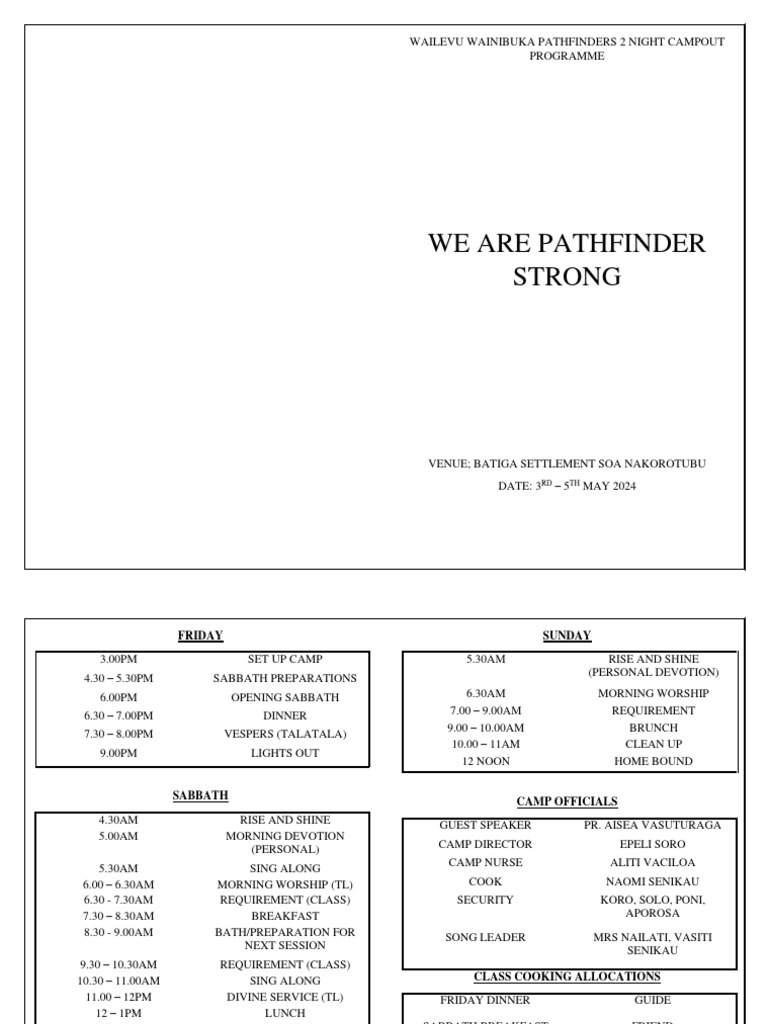 Pathfinder Camp Program | PDF | Meal | Eating Behaviors Of Humans