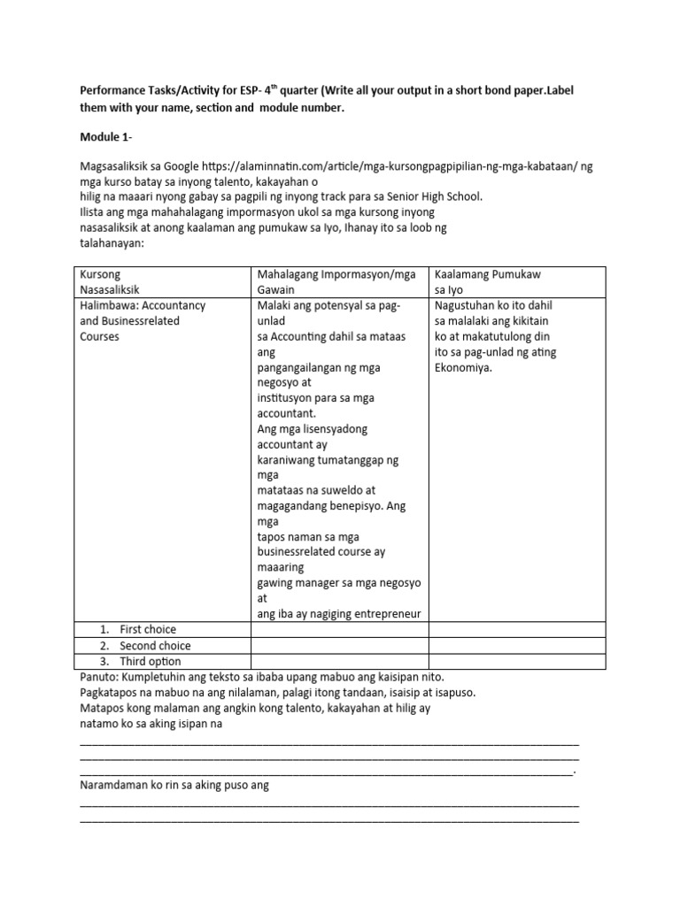 ESP 9 Tasks For 4th Quarter | PDF