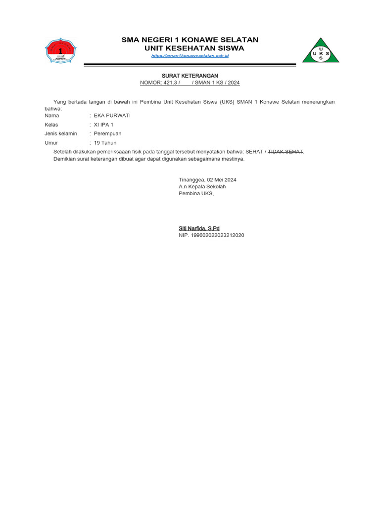 Surat Keterangan Sehat Uks | PDF