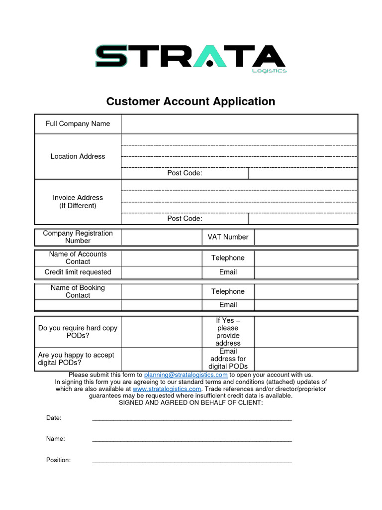 Strata Logistics Customer Account Application Form | PDF