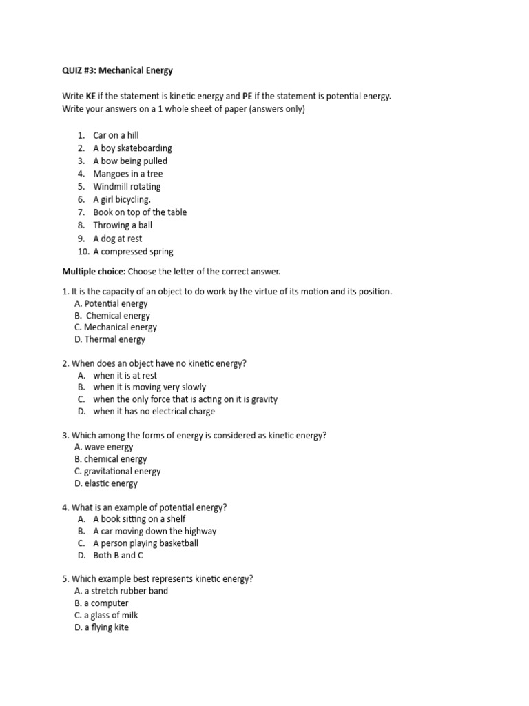 QUIZ 3-Mechanical Energy | PDF | Science & Mathematics
