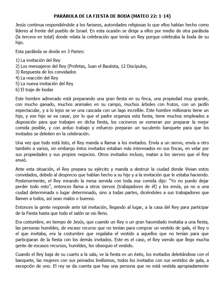 Explicación de la Parábola de la Fiesta de Bodas | PDF | Jesús | Jerusalén