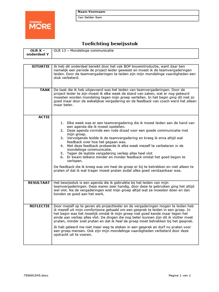 Toelichting Bewijsstuk Olr 13 - Mondelinge Communicatie | PDF