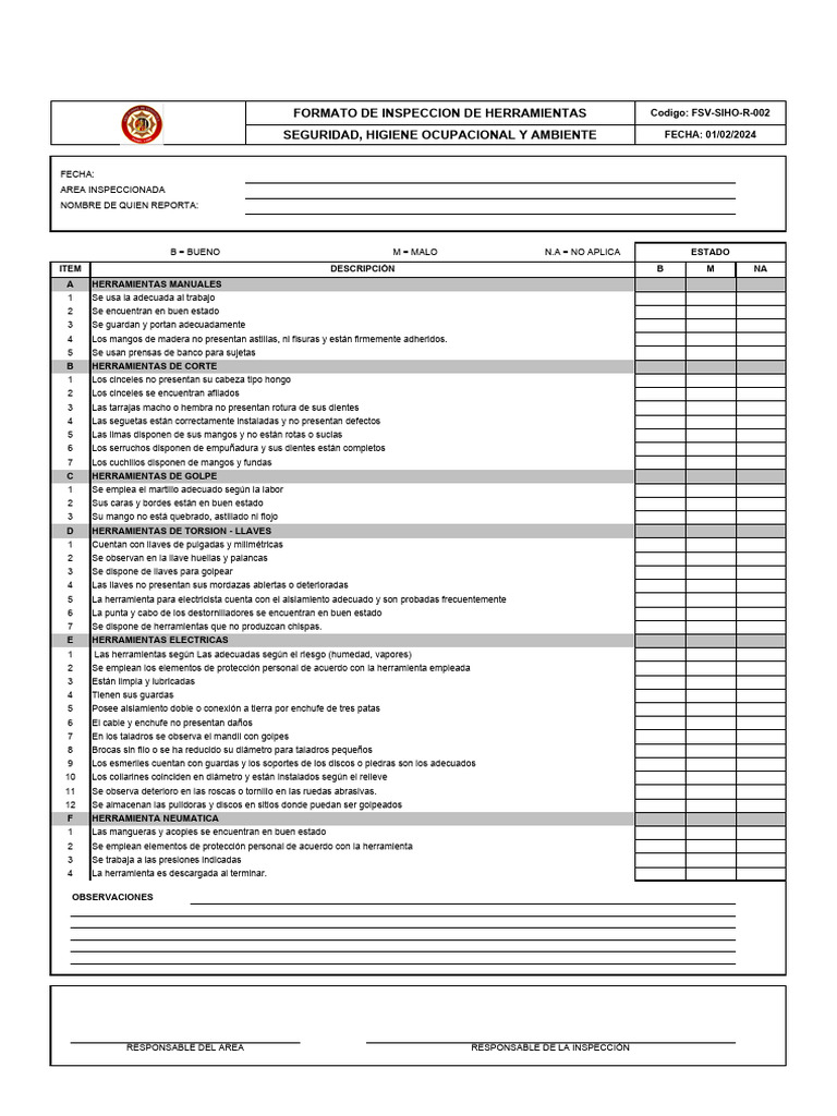 Formato de Inspeccion de Herramientas | PDF | Perforar | Herramientas Formato de Inspeccion de Herramientas | PDF | Perforar | Herramientas