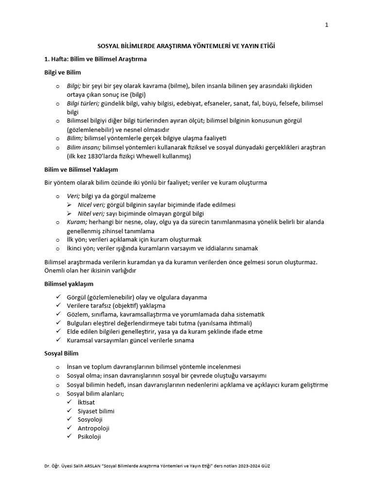 Sosyal Bilimlerde Araştırma Yöntemleri - Ders Notları | PDF
