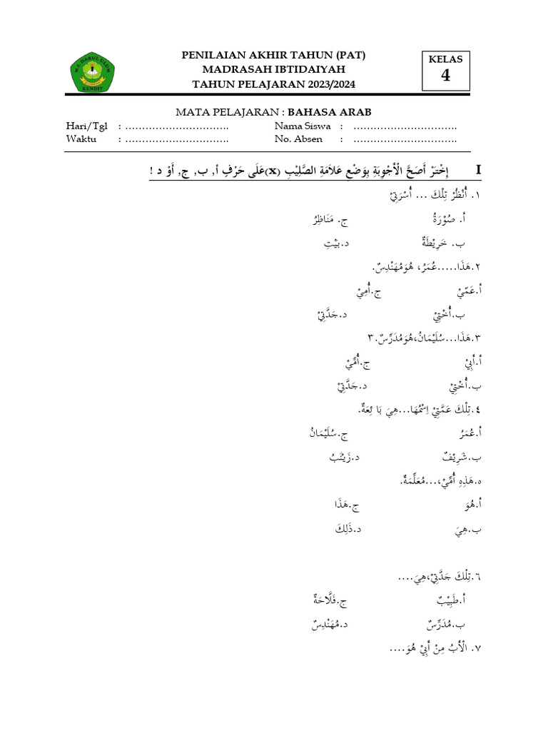 PAT Bahasa Arab Kls 4 MI Soal Dan Kunci Jawaban | PDF
