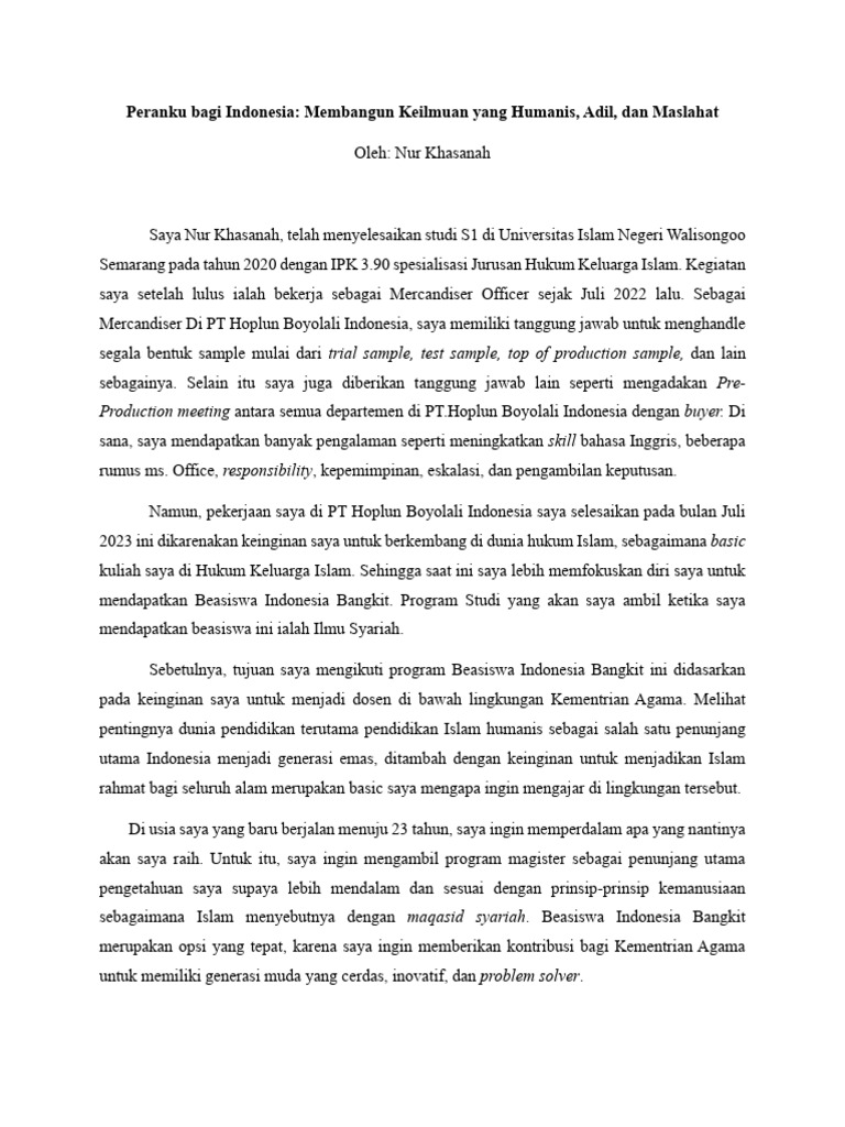 Esai Motivasi Diri - Nur Khasanah | PDF | Karier & Perkembangan