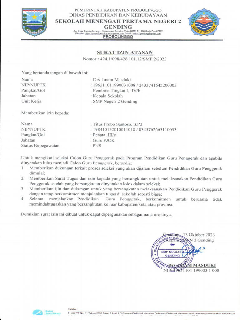 Surat Izin Atasan Titus | PDF