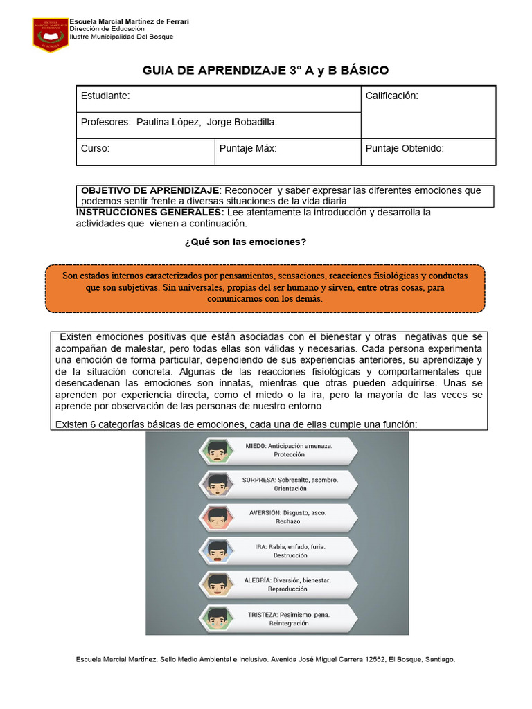 3° A y B Guía de aprendizaje Emociones | PDF | Las emociones | Aprendizaje