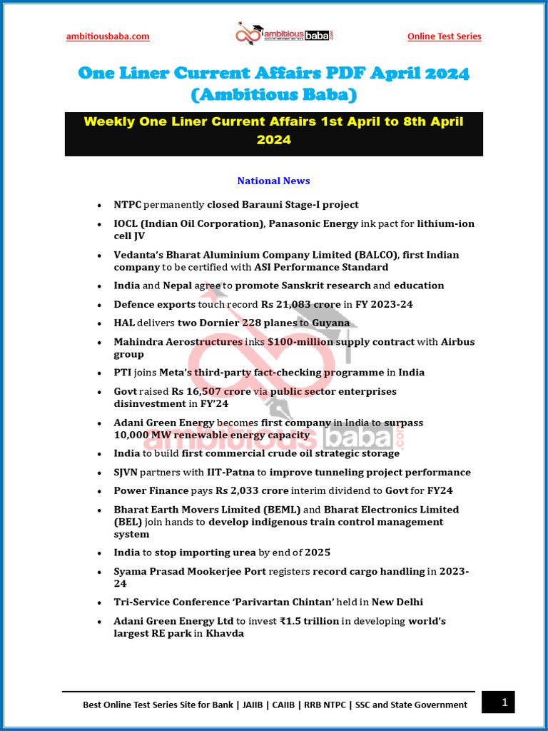 Oneliners PDF April 2024 Ambitious Baba | PDF | Reserve Bank Of India