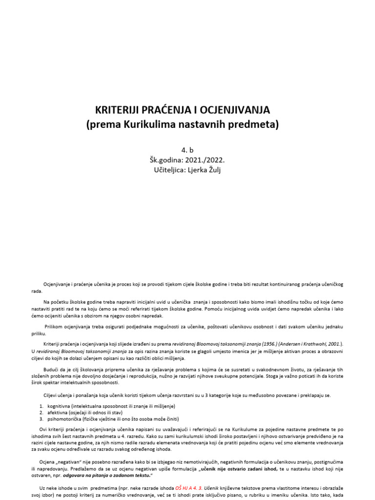 Kriteriji Vrednovanja | PDF