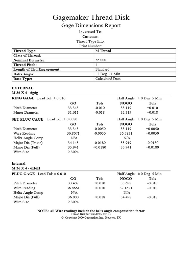 Gagemaker Thread Disk: Gage Dimensions Report | PDF