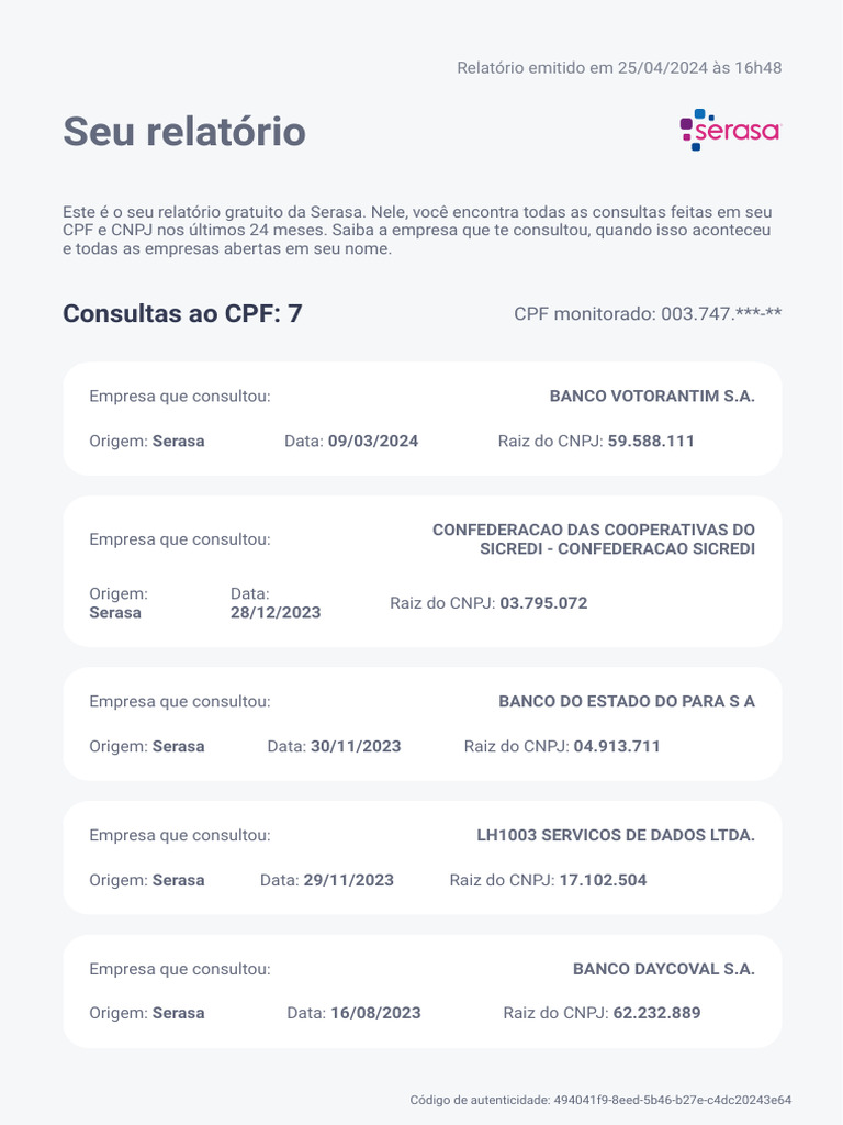 Relatório de Consultas Serasa 2024 | PDF